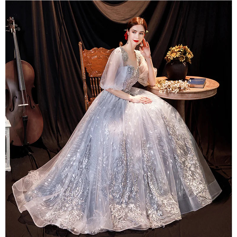 Stunning Silver Gown With Intricate Lace Detailing on Luulla