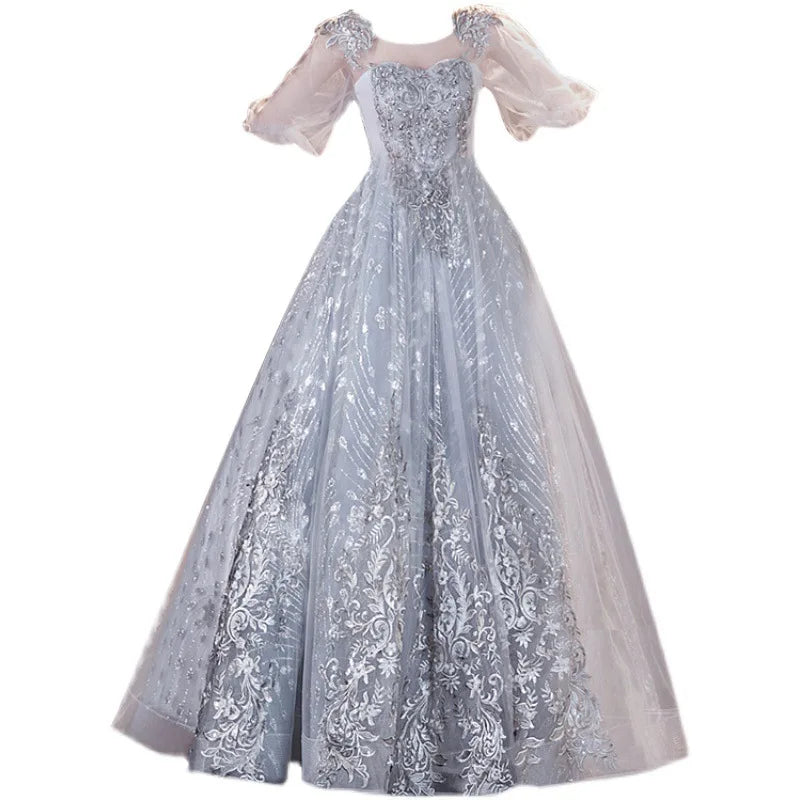 Stunning Silver Gown With Intricate Lace Detailing on Luulla