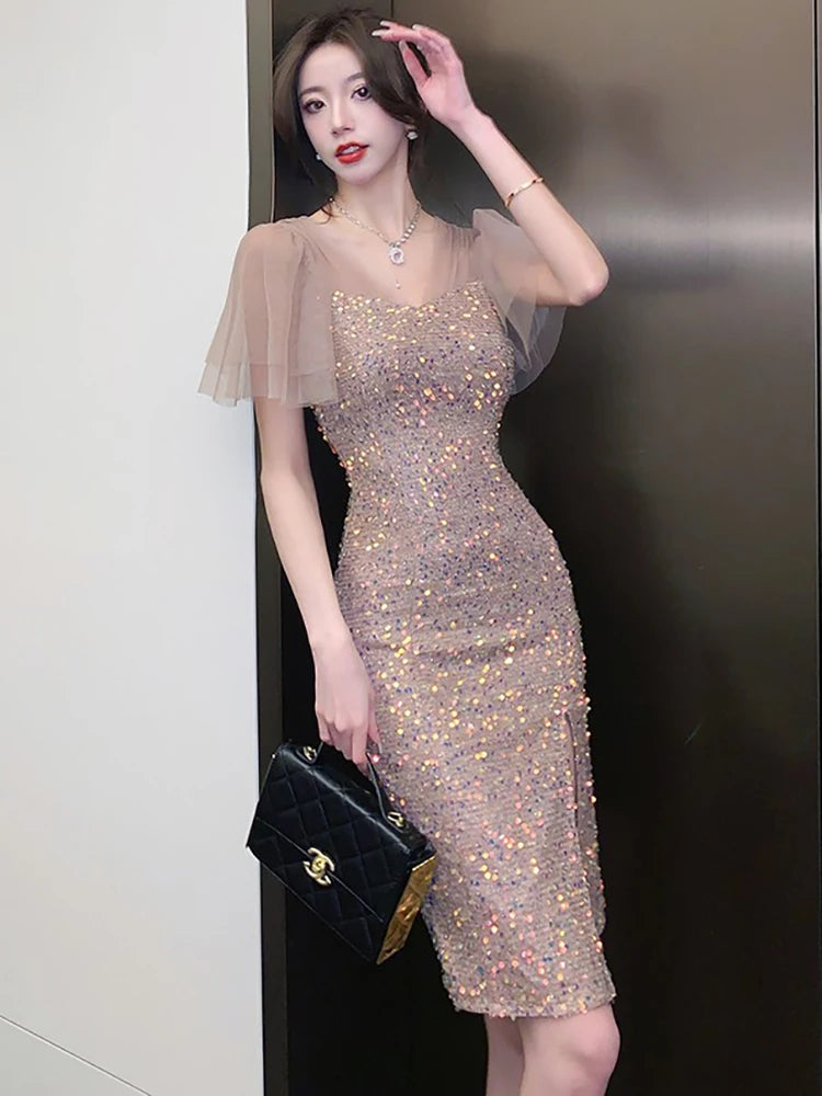 Glittering Sequined Dress With Sheer Flutter Sleeves on Luulla