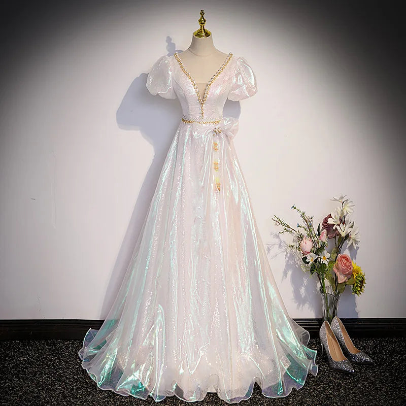 Shimmering V-neck Puff Sleeve Gown With Gems 2025 Long Prom Dresses For ...