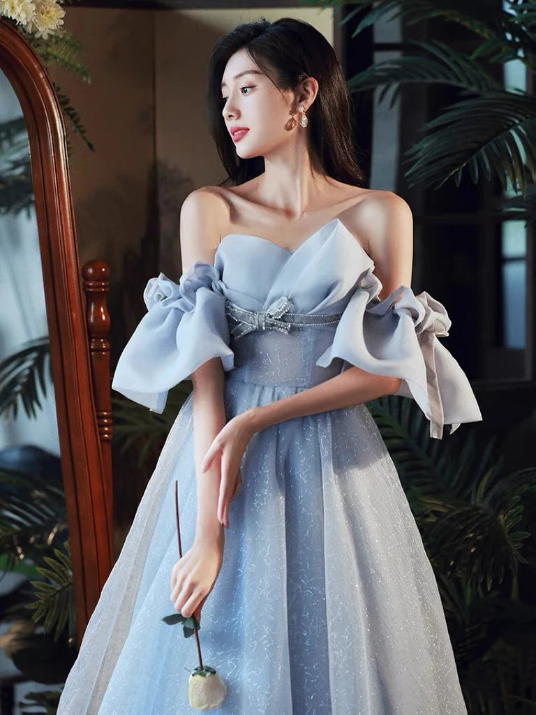 Off-shoulder Blue Dress With Ruffled Sleeves on Luulla