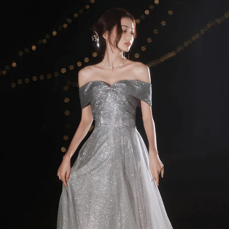 Sparkling Off-shoulder Silver Glitter Evening Gown on Luulla