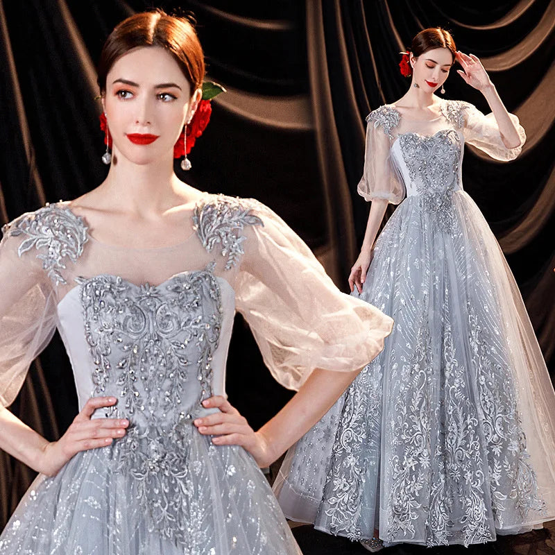 Stunning Silver Gown With Intricate Lace Detailing on Luulla