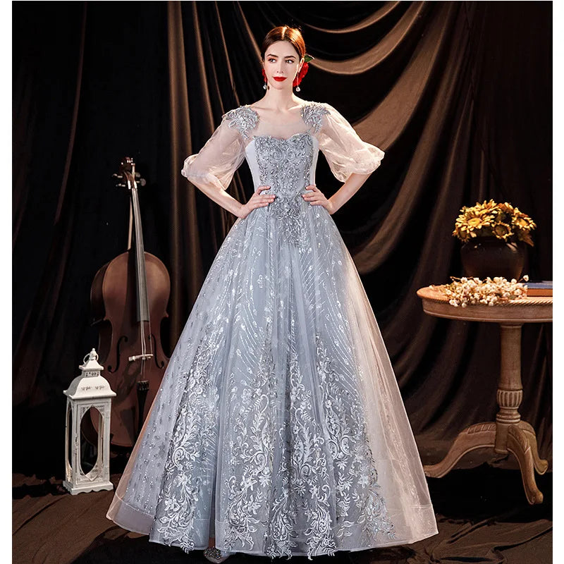 Stunning Silver Gown With Intricate Lace Detailing on Luulla