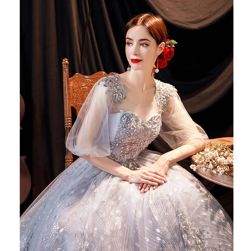 Stunning Silver Gown With Intricate Lace Detailing on Luulla