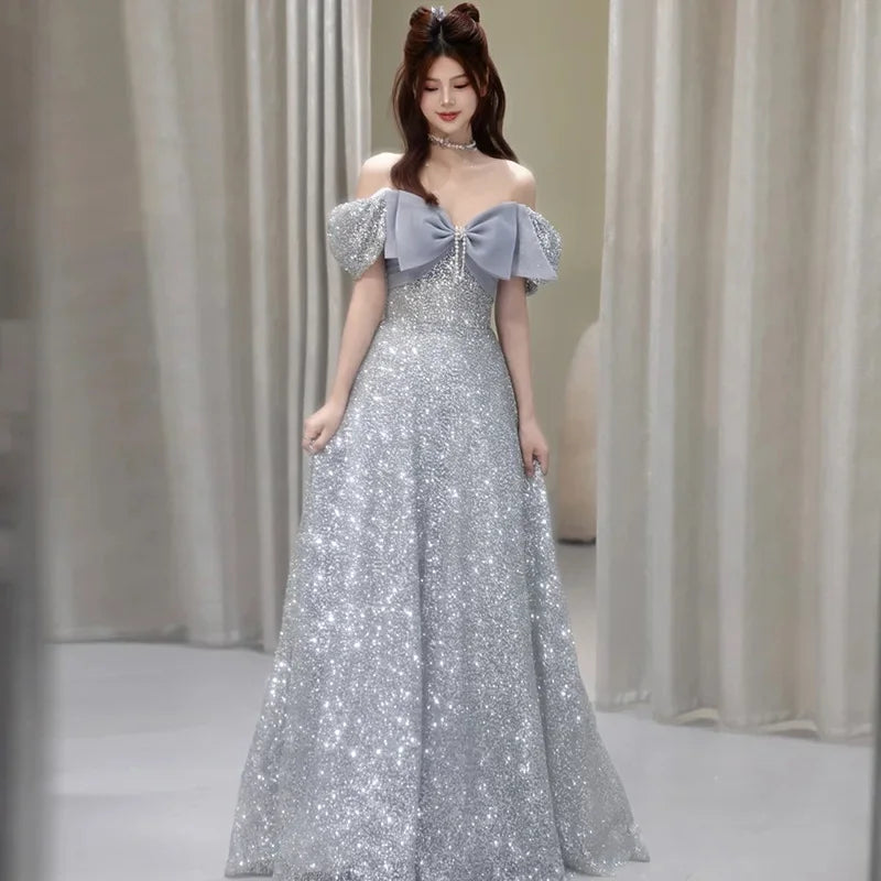 Sparkling Off-shoulder Silver Gown With Bow on Luulla