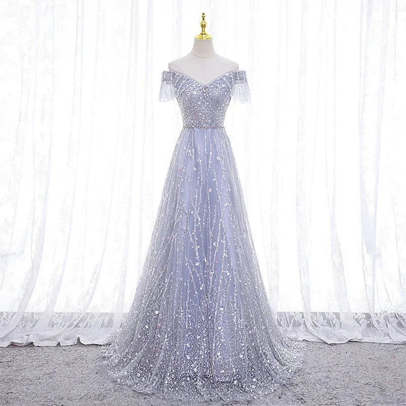 Sparkling Off-shoulder Silver Gown With Sequins on Luulla