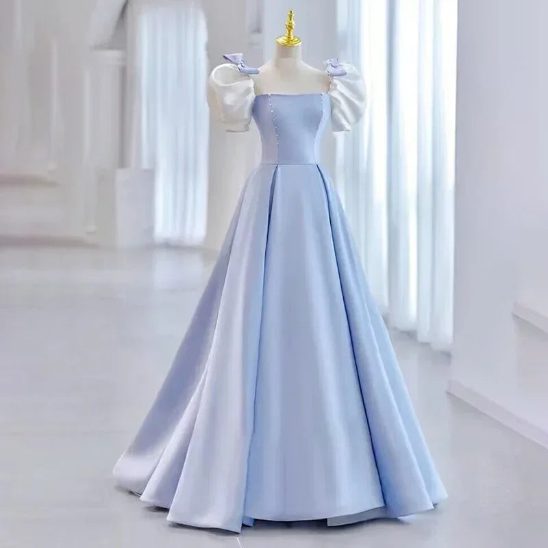 Off-shoulder Puffy Sleeve Long Blue Evening Gown 2025 Prom Dresses Long ...