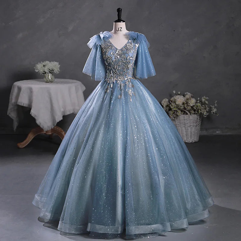Sparkling Blue Gown With Floral Appliqué Design 2025 Blue Prom Dresses ...