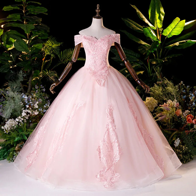 Pink Long Prom Dresses 2025 Off-shoulder Pink Lace Princess Ball Gown ...