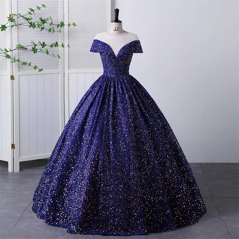 Off-shoulder Shimmering Midnight Blue Ball Gown 2025 Long Prom Dresses ...