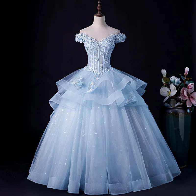 Enchanting Blue Off-shoulder Floral Ball Gown 2025 Long Prom Dresses ...