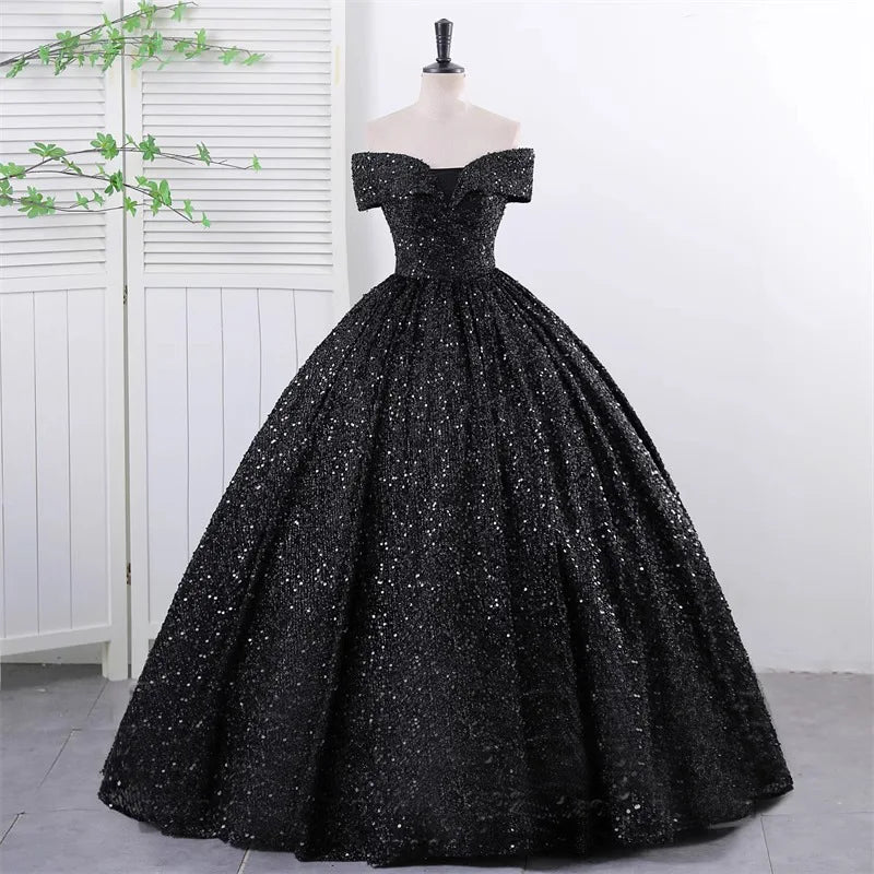 Off-shoulder Black Sequin Ball Gown Dress 2025 Prom Dresses Long For ...