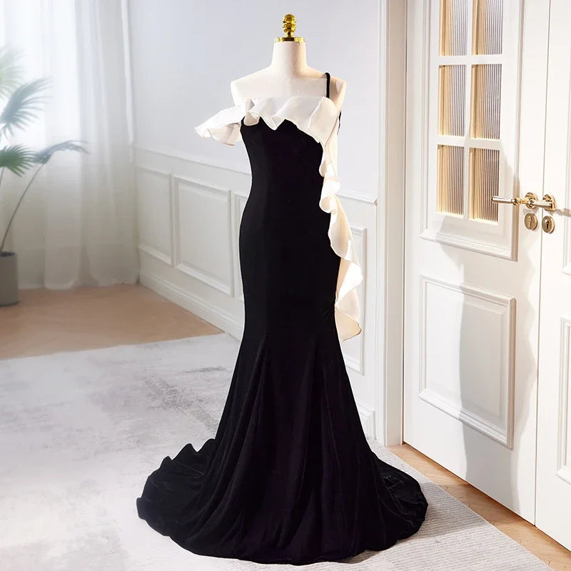 Black Gown With Asymmetrical Ruffle Off-shoulder Design on Luulla
