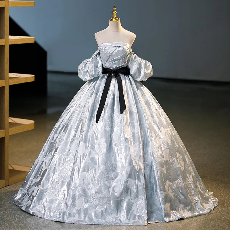 Off-shoulder Silver Gown With Black Bow Accent on Luulla