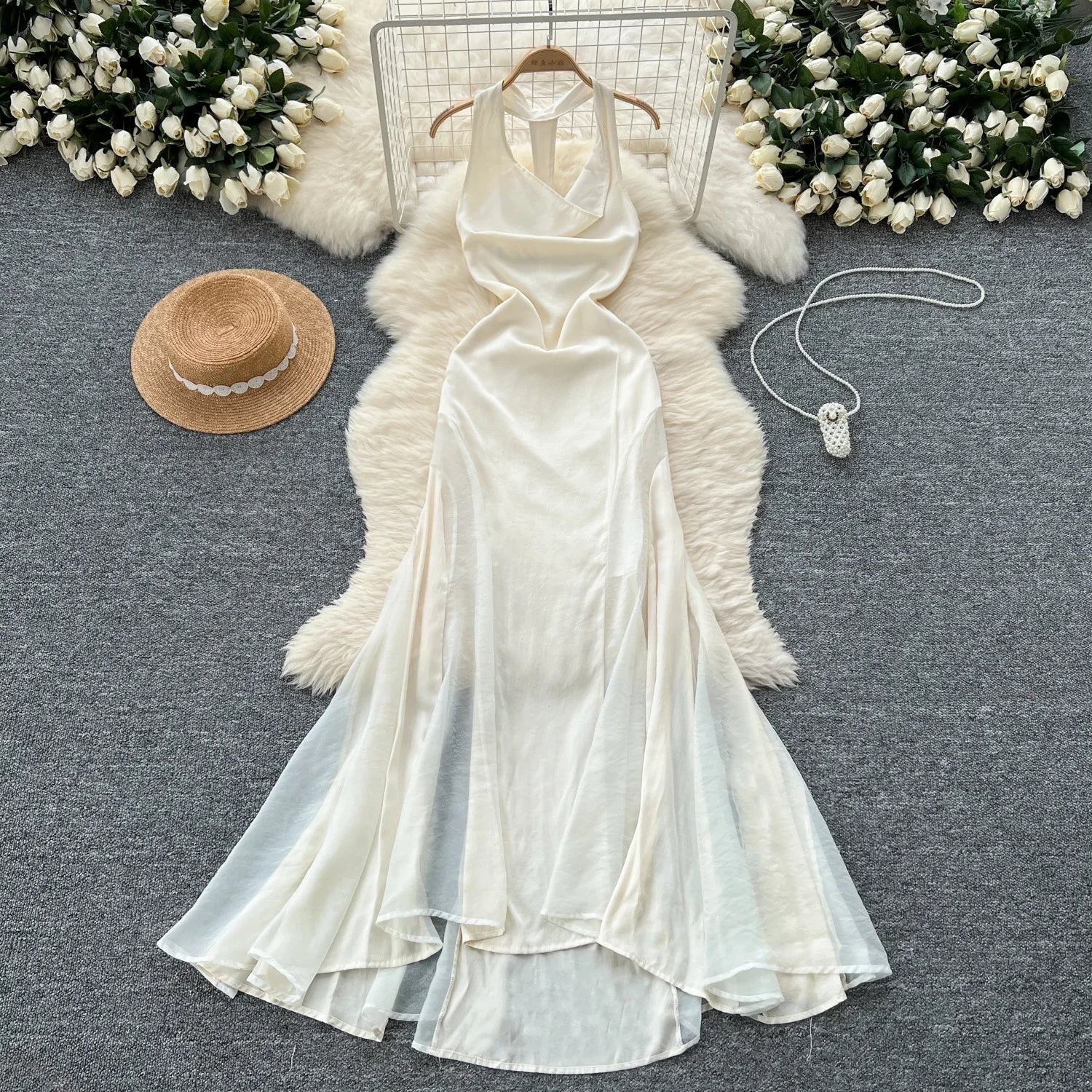 Satin Halter-backless Evening Gown With Flowing Hem on Luulla